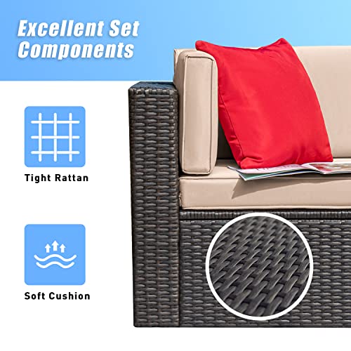 Greesum GS-LCRF5-1OT0-1AS0-BG 5 Pieces Patio Furniture Sets Outdoor-Indoor Sectional Wicker Rattan Sofa with Cushions, Pillows & Glass Table, Light Beige