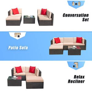 Greesum GS-LCRF5-1OT0-1AS0-BG 5 Pieces Patio Furniture Sets Outdoor-Indoor Sectional Wicker Rattan Sofa with Cushions, Pillows & Glass Table, Light Beige