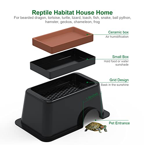 Black Reptile Warm Hideout Home House for Snake, Gecko, Lizard, Chameleon, Tortoise, Frog with Hollowed Out Design to Shading & Water Supply and Air Humidified Ceramic Box. (M)