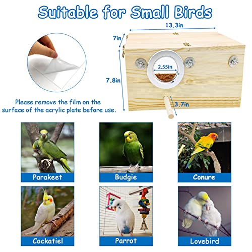 BNOSDM Parakeet Nesting Box Transparent Bird Nest Breeding Box with Perch Wood Bird House for Cage Cockatiel Budgie Lovebirds Conure Finch Parrot Small to Medium Birds (L)