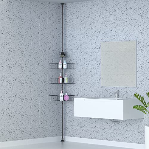 SANDEGOO Corner Shower Caddy Tension Pole,Black 4 Tier Adjustable Shower racks for inside Shelves Bathroom Bathtub Shampoo Holder Organizer Storage Rack, Rustproof Stainless Steel Shower 40-120 inch