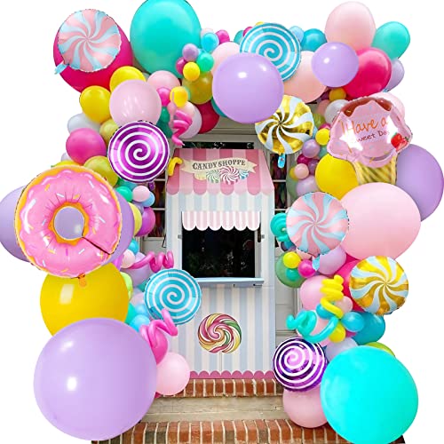 Sweet Macaroon Candy Balloon Arch Kit Candy Lollipop Foil Balloons Garland Kit Candy Party Decorations Supplies for Girls Birthday Party Baby Shower