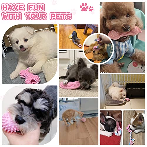 Petcare 6 Pack Puppy Toys for Teething Small Dogs Cute Pink Pet Dog Chew Toys for Puppies Soft Rubber Funny Bone Ball Donut Indoor Outdoor Anxiety Relief Cleaning Teeth Interactive Doggy Toy Set