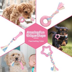 Petcare 6 Pack Puppy Toys for Teething Small Dogs Cute Pink Pet Dog Chew Toys for Puppies Soft Rubber Funny Bone Ball Donut Indoor Outdoor Anxiety Relief Cleaning Teeth Interactive Doggy Toy Set