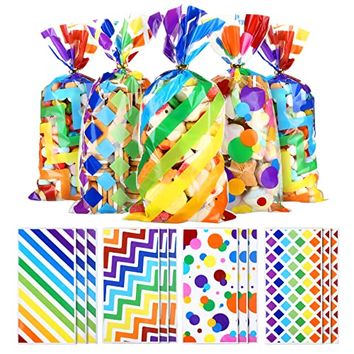 Kesote Rainbow Cellophane Treat Bags, 100 Pieces Printed Plastic Gift Goodie Candy Treat Bags with Ties for Summer Kids Birthday Party Favor Supplies