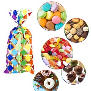 Kesote Rainbow Cellophane Treat Bags, 100 Pieces Printed Plastic Gift Goodie Candy Treat Bags with Ties for Summer Kids Birthday Party Favor Supplies