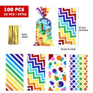 Kesote Rainbow Cellophane Treat Bags, 100 Pieces Printed Plastic Gift Goodie Candy Treat Bags with Ties for Summer Kids Birthday Party Favor Supplies