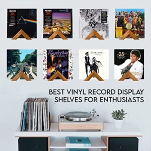 Tapeera Wooden Triangle Vinyl Record Stand Wall Mount - No Drill Wooden Vinyl Record Holder Accessories - Vinyl Record Display LP Floating Shelf - Album Frame For Vinyl Record No Screw (2 Stands)