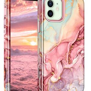 Btscase for iPhone 12 Case/iPhone 12 Pro Case, Heavy Duty Three Layer Marble Shockproof Full Body Rugged Hard PC+Soft TPU Bumper Drop Protection Women Girls Cover for iPhone 12/12 Pro, Rose Gold