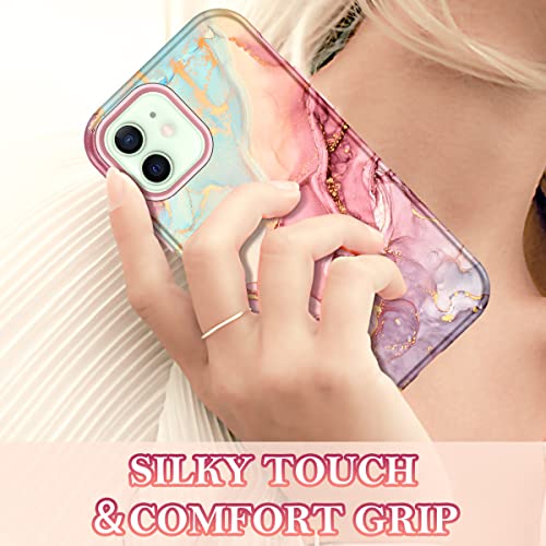 Btscase for iPhone 12 Case/iPhone 12 Pro Case, Heavy Duty Three Layer Marble Shockproof Full Body Rugged Hard PC+Soft TPU Bumper Drop Protection Women Girls Cover for iPhone 12/12 Pro, Rose Gold