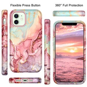 Btscase for iPhone 12 Case/iPhone 12 Pro Case, Heavy Duty Three Layer Marble Shockproof Full Body Rugged Hard PC+Soft TPU Bumper Drop Protection Women Girls Cover for iPhone 12/12 Pro, Rose Gold