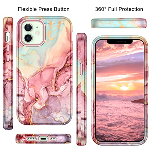 Btscase for iPhone 12 Case/iPhone 12 Pro Case, Heavy Duty Three Layer Marble Shockproof Full Body Rugged Hard PC+Soft TPU Bumper Drop Protection Women Girls Cover for iPhone 12/12 Pro, Rose Gold