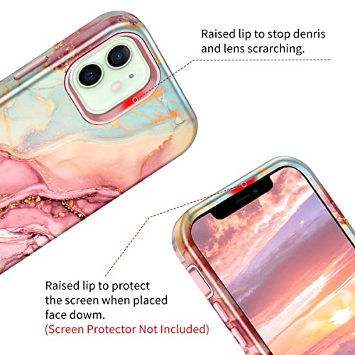 Btscase for iPhone 12 Case/iPhone 12 Pro Case, Heavy Duty Three Layer Marble Shockproof Full Body Rugged Hard PC+Soft TPU Bumper Drop Protection Women Girls Cover for iPhone 12/12 Pro, Rose Gold