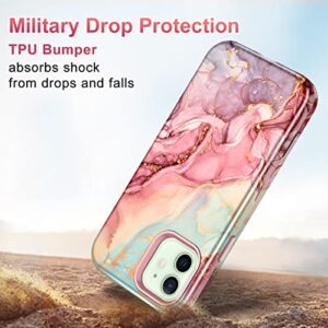 Btscase for iPhone 12 Case/iPhone 12 Pro Case, Heavy Duty Three Layer Marble Shockproof Full Body Rugged Hard PC+Soft TPU Bumper Drop Protection Women Girls Cover for iPhone 12/12 Pro, Rose Gold