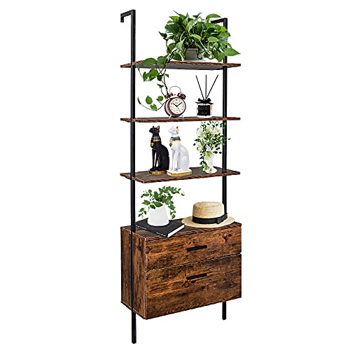 Wall Mounted Ladder Shelf with Drawers, 4 Tier Ladder Bookshelf with Metal Frame and Wood Shelf, Vintage Learning Bookcase for Living Room, Bedroom, Office (23.6" W x 11.8" D x 70.8" H, Rustic Brown)