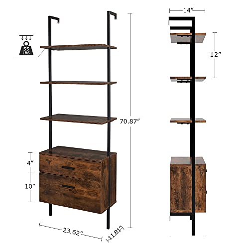 Wall Mounted Ladder Shelf with Drawers, 4 Tier Ladder Bookshelf with Metal Frame and Wood Shelf, Vintage Learning Bookcase for Living Room, Bedroom, Office (23.6" W x 11.8" D x 70.8" H, Rustic Brown)