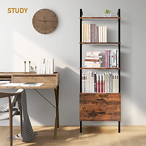 Wall Mounted Ladder Shelf with Drawers, 4 Tier Ladder Bookshelf with Metal Frame and Wood Shelf, Vintage Learning Bookcase for Living Room, Bedroom, Office (23.6" W x 11.8" D x 70.8" H, Rustic Brown)