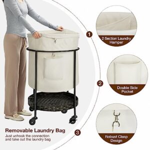 Greenstell Laundry Hamper with Lid, 198L Large 2 sections Rolling Laundry Basket with wheels, Round Laundry Cart with Rattan Tray and Removable Bag, Metal Frame, White