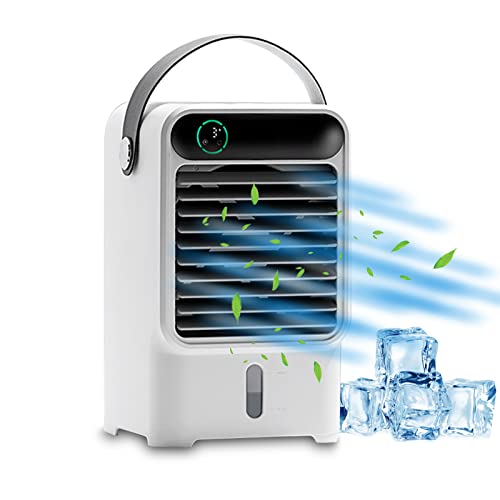 Mini Air Conditioner Portable, Personal Air Cooler Fan with 3 Wind Speeds, Evaporative Humidifier, LED Light, Timing - Small AC Misting Fan USB for Home Room Bedroom Office Desk, 500ml Water Tank, 6W