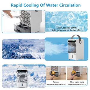 Mini Air Conditioner Portable, Personal Air Cooler Fan with 3 Wind Speeds, Evaporative Humidifier, LED Light, Timing - Small AC Misting Fan USB for Home Room Bedroom Office Desk, 500ml Water Tank, 6W