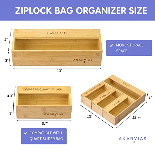 Akarvias Ziplock Bag Organizer for Kitchen Drawer-Large Storage Space,Food Storage Bag Organizer,Bamboo Plastic Bag Holder,Sandwich Bag Organizer-Upgrade Convenient Openings-Fits Quart Slider Bag