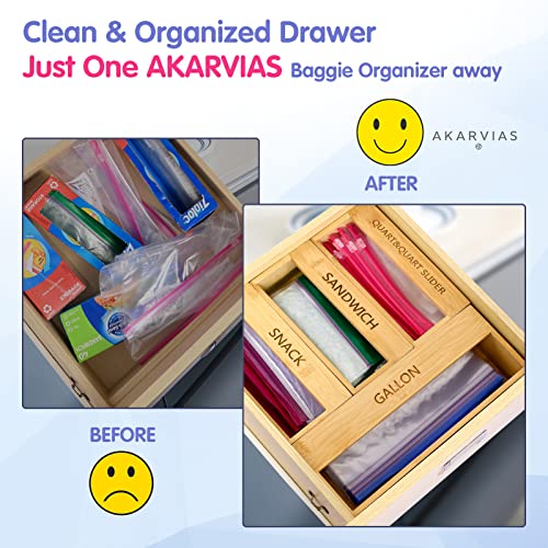 Akarvias Ziplock Bag Organizer for Kitchen Drawer-Large Storage Space,Food Storage Bag Organizer,Bamboo Plastic Bag Holder,Sandwich Bag Organizer-Upgrade Convenient Openings-Fits Quart Slider Bag