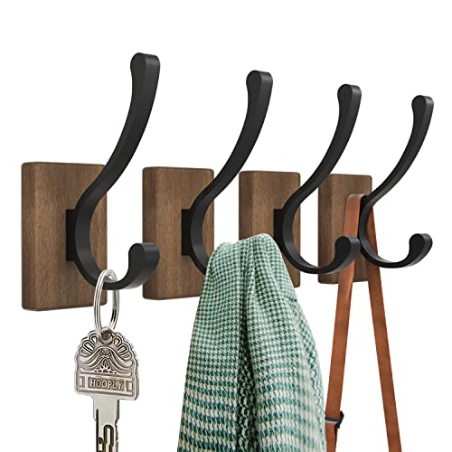 Wood Hooks for Hanging Coats - 4 Pack Coat Hooks Wall Mounted, Wooden Wall Hooks for Hanging Hats, Keys, Towels, Robe, Purse, Rustic Hooks for Decorative Livingroom, Bathroom, Bedroom, Cloakroom