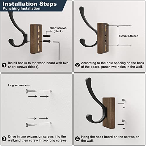 Wood Hooks for Hanging Coats - 4 Pack Coat Hooks Wall Mounted, Wooden Wall Hooks for Hanging Hats, Keys, Towels, Robe, Purse, Rustic Hooks for Decorative Livingroom, Bathroom, Bedroom, Cloakroom