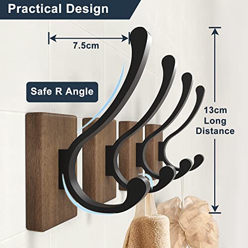 Wood Hooks for Hanging Coats - 4 Pack Coat Hooks Wall Mounted, Wooden Wall Hooks for Hanging Hats, Keys, Towels, Robe, Purse, Rustic Hooks for Decorative Livingroom, Bathroom, Bedroom, Cloakroom