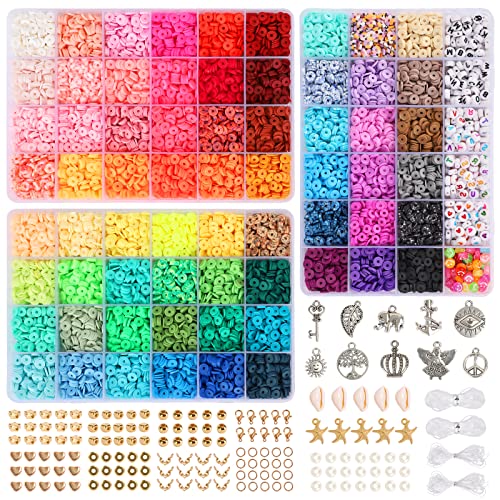 Quefe 16500pcs, 66 Colors, Clay Heishi Beads with 260 Letter Beads Polymer Flat Clay Beads Kit with Elastic String Pendant and Jump Rings for DIY Jewelry Marking Bracelets Necklace, 6mm