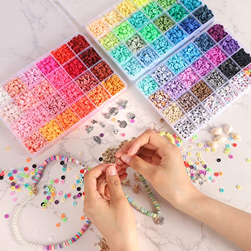 Quefe 16500pcs, 66 Colors, Clay Heishi Beads with 260 Letter Beads Polymer Flat Clay Beads Kit with Elastic String Pendant and Jump Rings for DIY Jewelry Marking Bracelets Necklace, 6mm