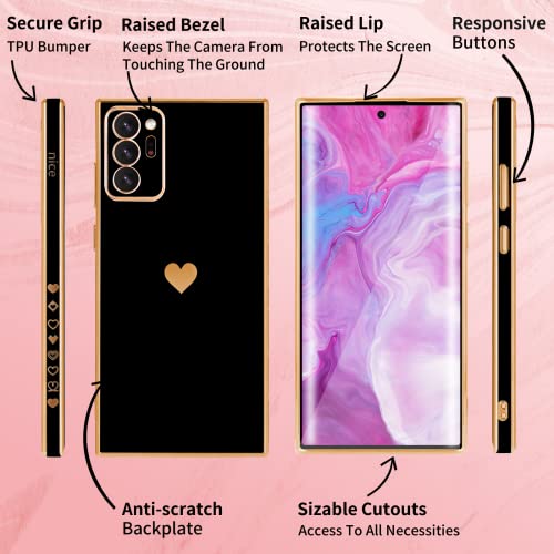 Shorogyt for Samsung Galaxy Note 20 Ultra 5G/4G Heart Case Cute Aesthetic Love Hearts Pattern Girls Women Black Gold Luxury Girly Design Phone Cases Cover+Screen+Chain for Note20 Ultra 6.9 Inch