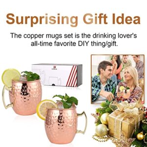 K Kitcherish Moscow Mule Mugs Set of 2-[Gift Set]18 oz, Hammered Copper Mugs | Stainless Steel Lining, Copper Plating Cup with Gold Brass Handles for Making Cool Drinks, 3.4'' (Diameter) x 4 ''(Tall)