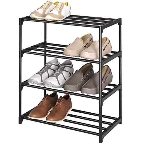 SOKOSEN 4-Tier Small Shoe Rack, Metal Stackable Kids Shoe Shelf Storage Zapateras Organizer,Narrow Shoe Rack Sturdy for Closet Hallway Entryway Living Room Bedroom (Black)