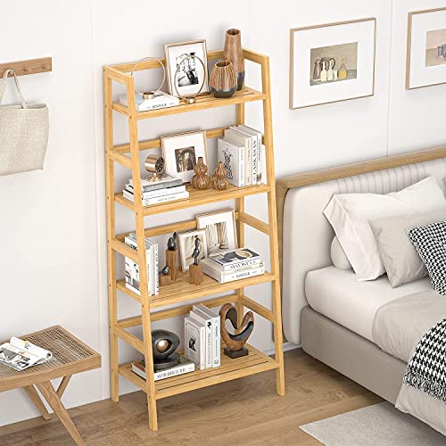 Bamboo Bookshelf - Narrow Ladder Shelf with Adjustable Height for Plants and Books - Ideal for Bathroom, Living Room, Bedroom and Kitchen