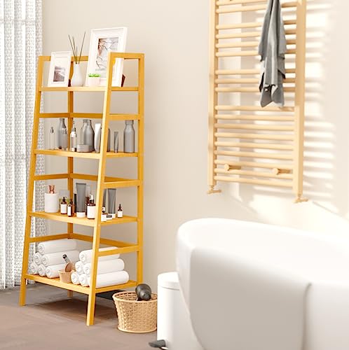 Bamboo Bookshelf - Narrow Ladder Shelf with Adjustable Height for Plants and Books - Ideal for Bathroom, Living Room, Bedroom and Kitchen