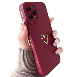 smobea compatible with iphone 13 pro max case, gold heart pattern soft liquid silicone shockproof case for women girls side cute plated heart pattern slim phone case (wine red)