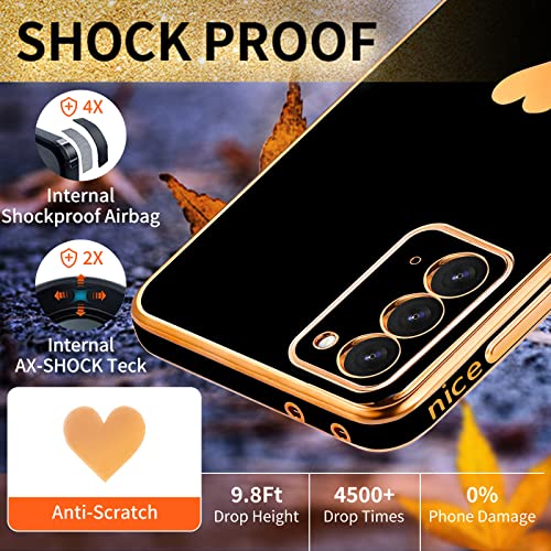 Shorogyt Heart Case for Samsung Galaxy Note 20 5G/4G 6.7 Inch Women Girls (3in1) Cute Aesthetic Love Hearts Pattern Black Gold Luxury Girly Design Cases Trendy Cover+Screen+Chain for Note20 Note20 5G