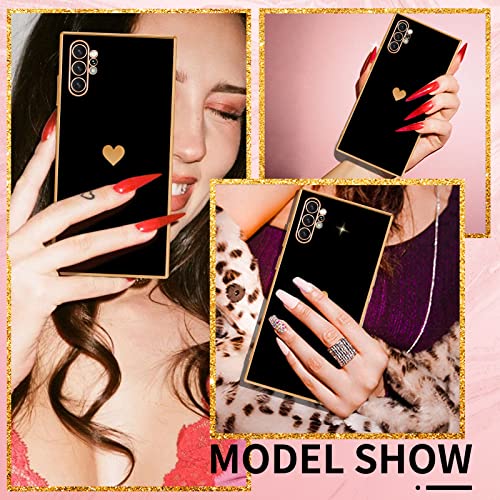 Shorogyt (3in1 Heart Case for Samsung Galaxy Note 10 Plus 5G/4G 6.8 Inch Women Cute Aesthetic Love Hearts Pattern Girls Black Gold Luxury Girly Design Cases Cover+Screen+Chain for Note 10+ 6.8”