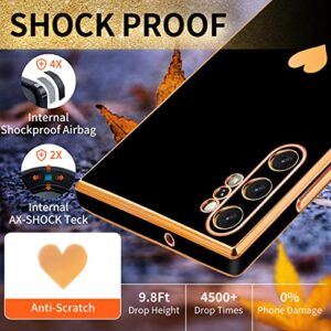 Shorogyt (3in1 Heart Case for Samsung Galaxy Note 10 Plus 5G/4G 6.8 Inch Women Cute Aesthetic Love Hearts Pattern Girls Black Gold Luxury Girly Design Cases Cover+Screen+Chain for Note 10+ 6.8”