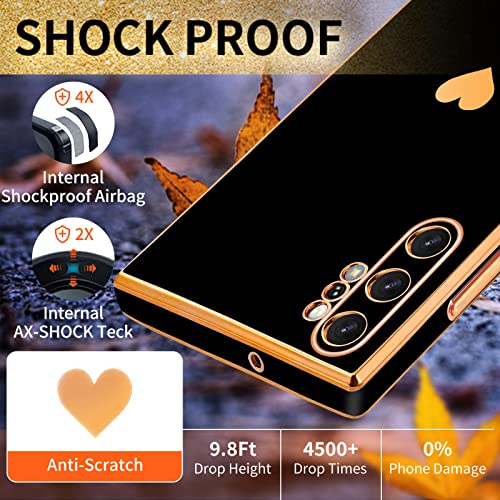 Shorogyt (3in1 Heart Case for Samsung Galaxy Note 10 Plus 5G/4G 6.8 Inch Women Cute Aesthetic Love Hearts Pattern Girls Black Gold Luxury Girly Design Cases Cover+Screen+Chain for Note 10+ 6.8”