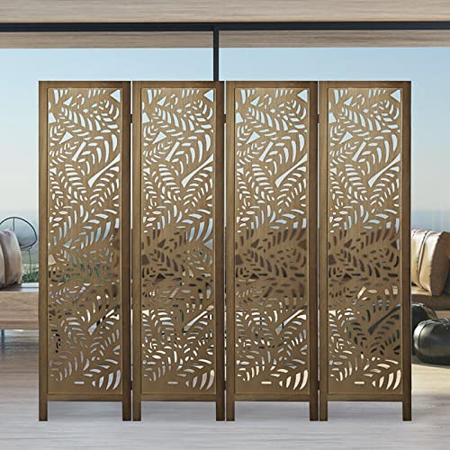 Acendside 4 Panel Room Divider, Room Dividers and Folding Privacy Screens, Decorative Wood Room Divider Wall with Leaves Cutout Design for Bedroom Home Office (Gold)