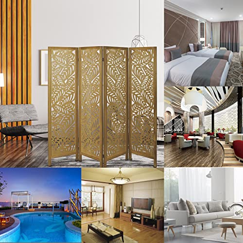 Acendside 4 Panel Room Divider, Room Dividers and Folding Privacy Screens, Decorative Wood Room Divider Wall with Leaves Cutout Design for Bedroom Home Office (Gold)