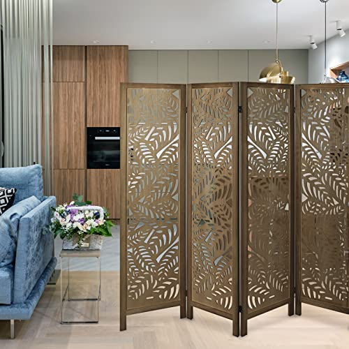 Acendside 4 Panel Room Divider, Room Dividers and Folding Privacy Screens, Decorative Wood Room Divider Wall with Leaves Cutout Design for Bedroom Home Office (Gold)