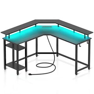 rolanstar l shaped gaming desk with led lights & power outlets, 56" computer desk with full monitor stand & storage shelf, corner desk with hooks, carbon fiber desk reversible