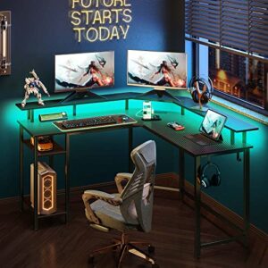 Rolanstar L Shaped Gaming Desk with LED Lights & Power Outlets, 56" Computer Desk with Full Monitor Stand & Storage Shelf, Corner Desk with Hooks, Carbon Fiber Desk Reversible