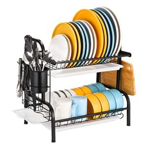 joftix dish drying rack, 2 tier stainless steel dish rack for kitchen counter, large rust-proof dish drainer with drainboard, utensil holder, cutting board holder, black