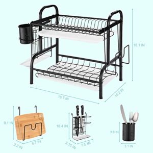 JOFTIX Dish Drying Rack, 2 Tier Stainless Steel Dish Rack for Kitchen Counter, Large Rust-Proof Dish Drainer with Drainboard, Utensil Holder, Cutting Board Holder, Black