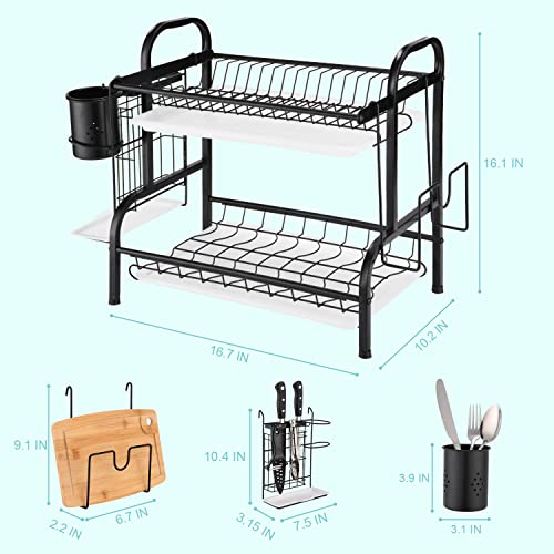 JOFTIX Dish Drying Rack, 2 Tier Stainless Steel Dish Rack for Kitchen Counter, Large Rust-Proof Dish Drainer with Drainboard, Utensil Holder, Cutting Board Holder, Black