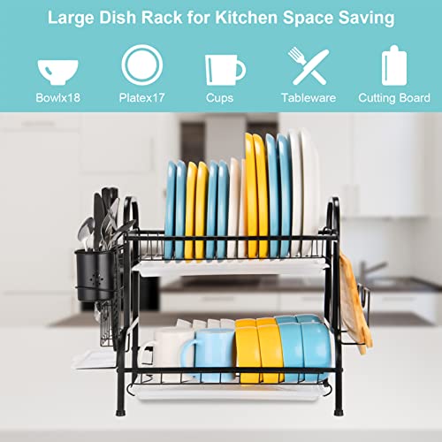 JOFTIX Dish Drying Rack, 2 Tier Stainless Steel Dish Rack for Kitchen Counter, Large Rust-Proof Dish Drainer with Drainboard, Utensil Holder, Cutting Board Holder, Black